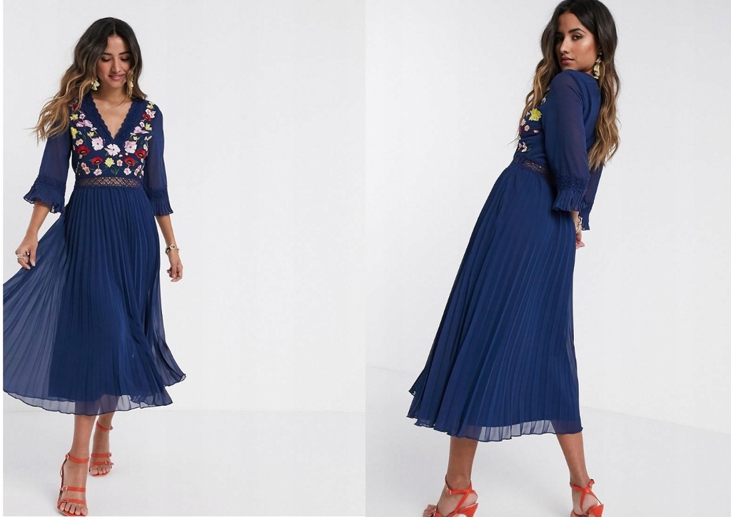 DESIGN PLISOWANA SUKIENKA MIDI Z HAFTEM L - 12399325998 - oficjalne archiwum Allegro