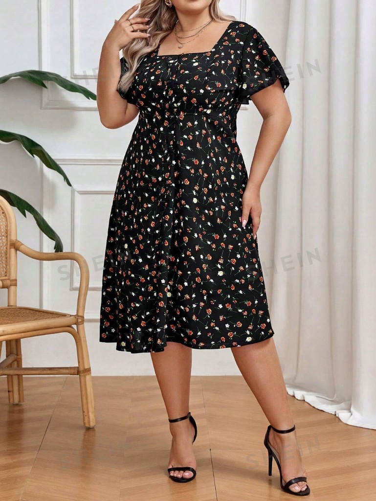 CZARNA ROZKLOSZOWANA SUKIENKA MIDI KRÓTKI RĘKAW WZÓR KWIATY BOHO SHEIN 44 - 15702513362 ...