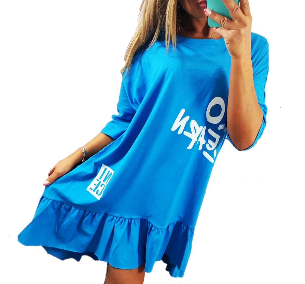 ŚWIETNA SUKIENKA NAPISY BLUE 5XL 52 54 - 12174709667 - oficjalne archiwum Allegro