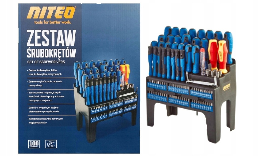Zestaw śrubokrętów i bitów Niteo 100 el + stojak - 11974936327 ...