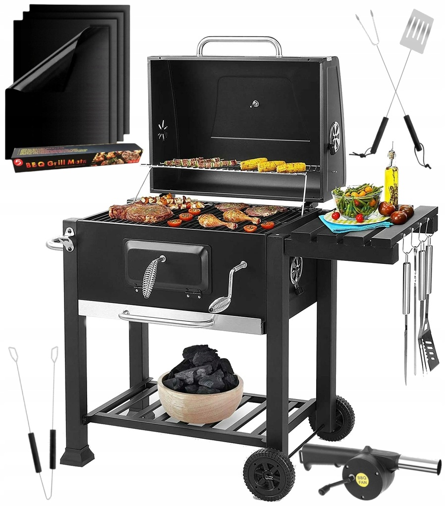 DUŻY GRILL WĘGLOWY OGRODOWY Z POKRYWĄ + AKCESORIA - 12356340357 ...