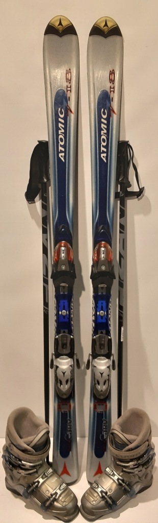 Narty zjazdowe Atomic komplet buty kije 150 cm. - 14934491124 - oficjalne archiwum Allegro