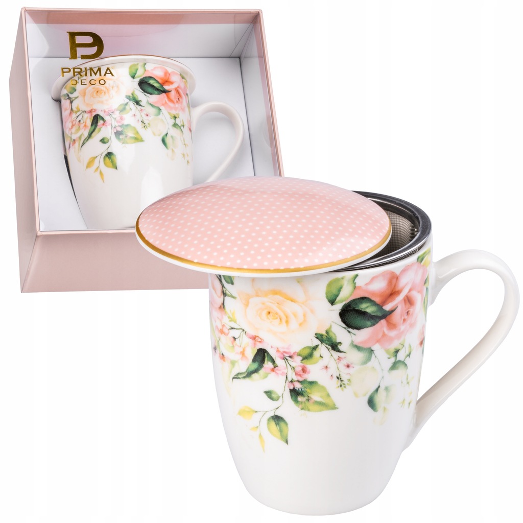 KUBEK PORCELANOWY Z ZAPARZACZEM DO HERBATY ZIÓŁ Z UCHEM DUŻY 360ML PREZENT - 14624199151 ...