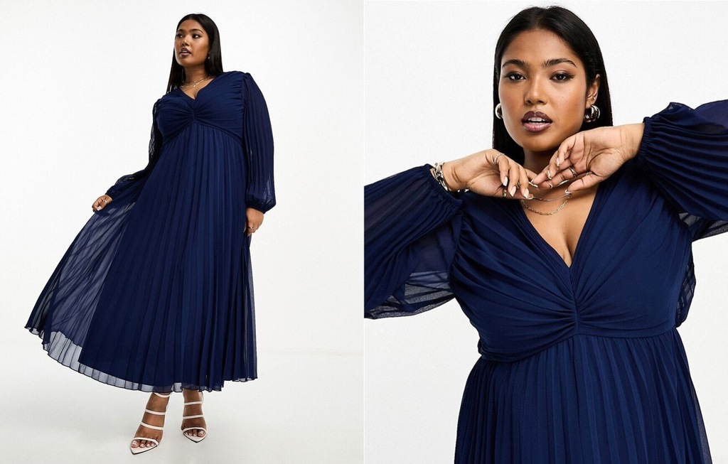 DESIGNEX Curve Granatowa plisowana sukienka midi z głębokim dekoltem 44 - 15184770090 ...