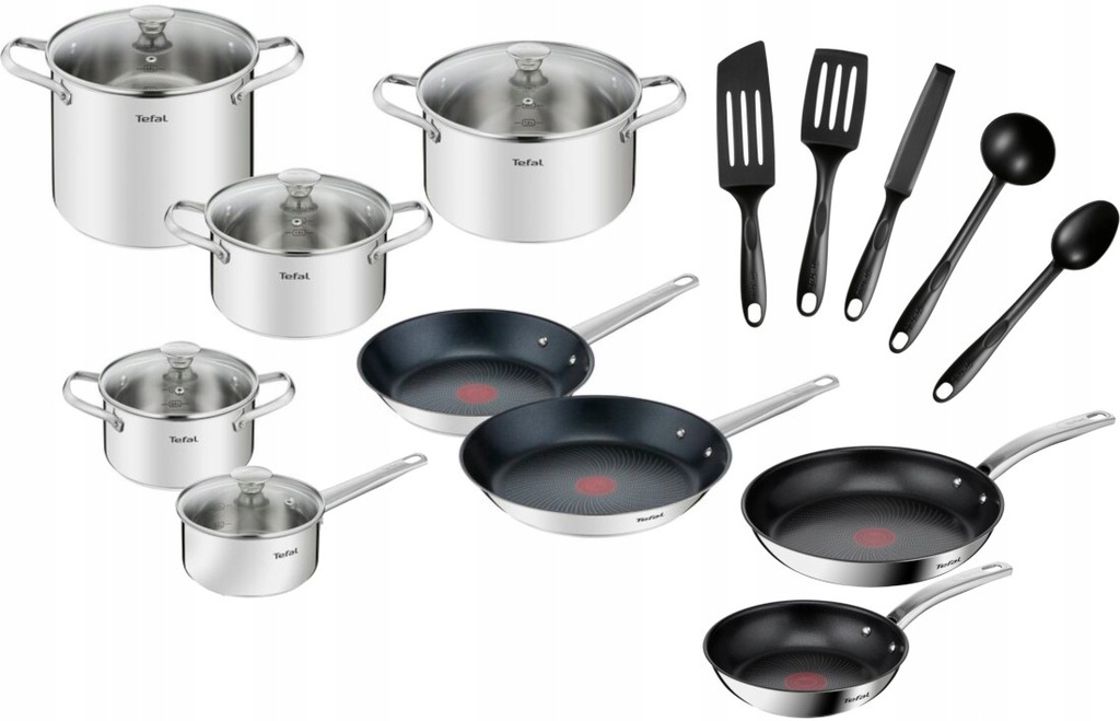 Zestaw garnki patelnie TEFAL pokrywki szpatułki - 12796908293 - oficjalne archiwum Allegro