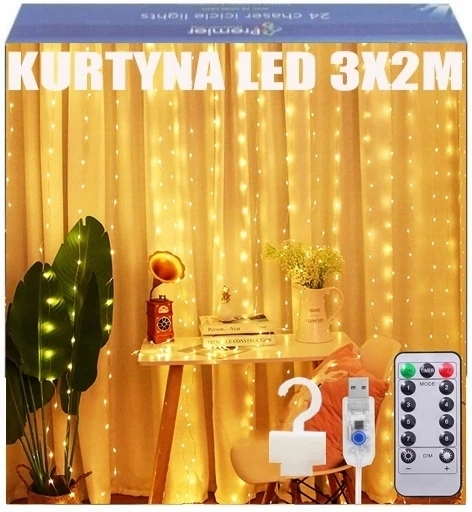 KURTYNA ŚWIETLNA LED LAMPKI SOPLE 3X2M Z PILOT - 14201401949 ...