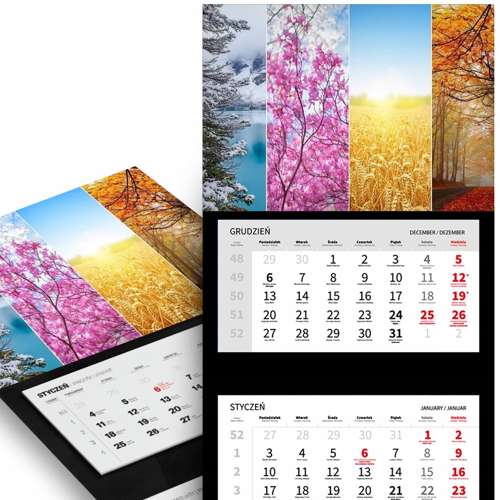 Kalendarz Ścienny Trójdzielny 2024 rok Miesięczny Kolory Pory Roku ...