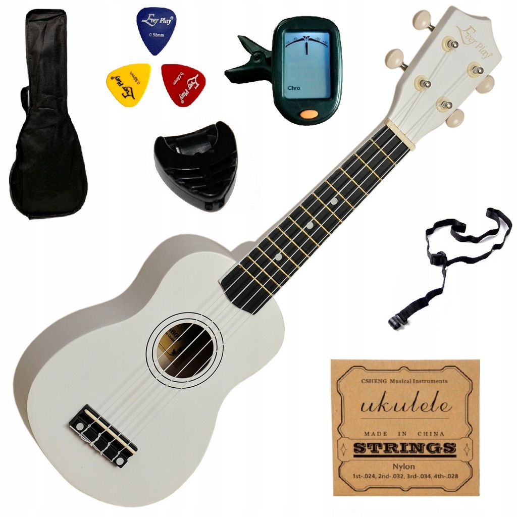 Ukulele Sopranowe Ever Play UK21 Białe Błyszczące Duży Zestaw ...