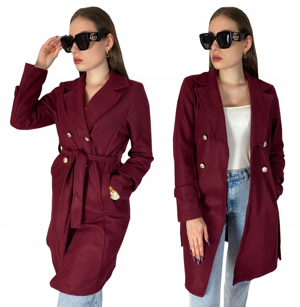 PŁASZCZ DAMSKI KLASYCZNY DŁUGI DWURZĘDOWY BORDOWY - 12658258848 ...