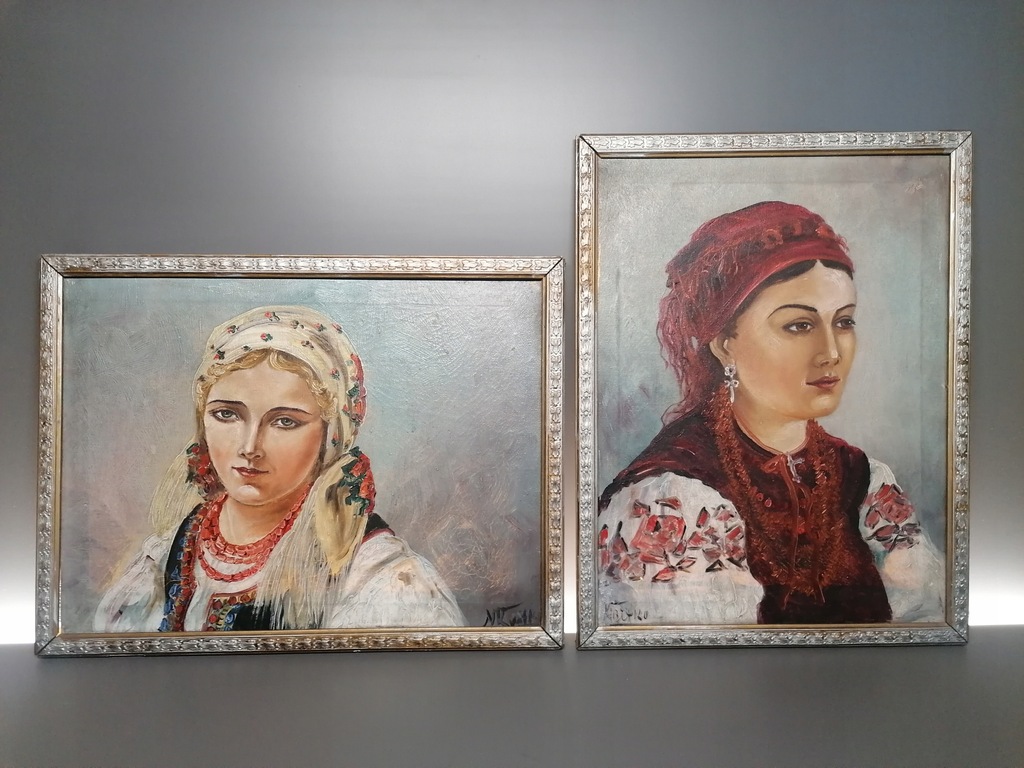 Stary Polski obraz olejny góralka antyk 2 SZTUKI! - 13048101466 ...