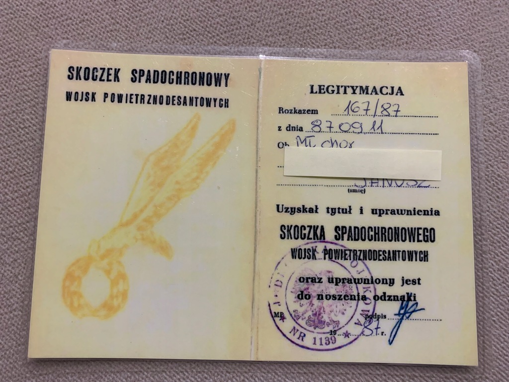 LEGITYMACJA ODZNAKI SKOCZKA SPADOCHRONOWEGO - 13392125454 - oficjalne ...