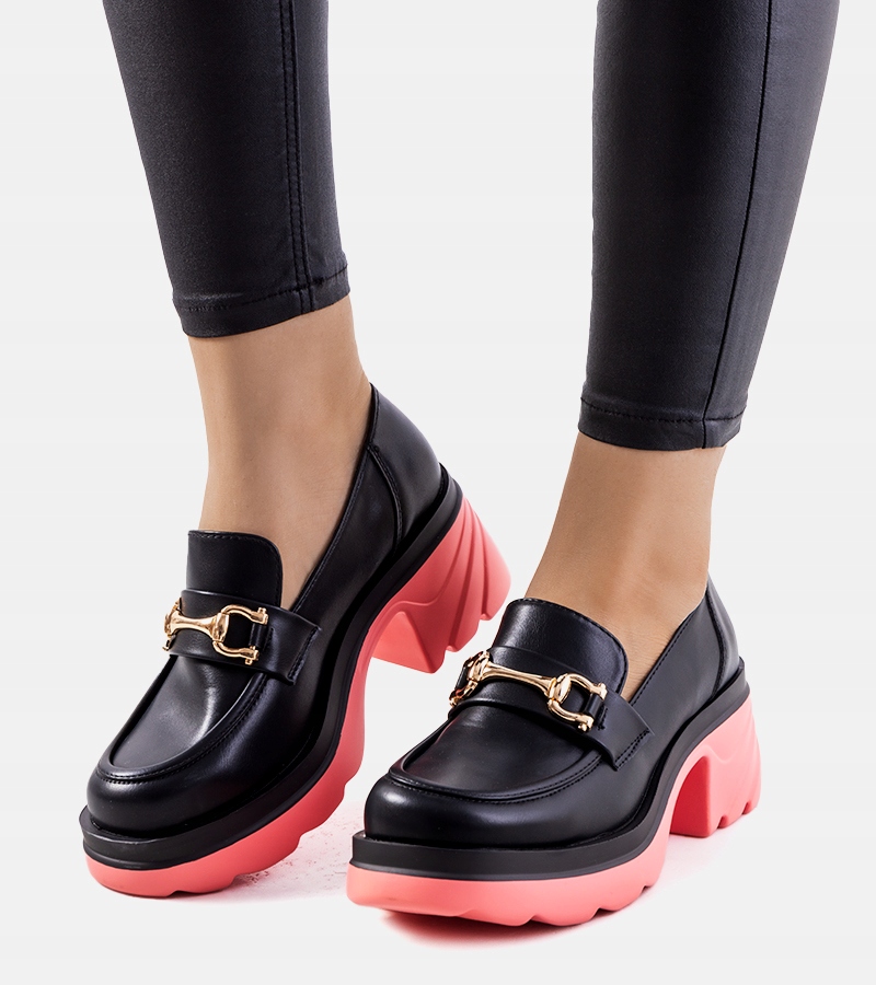 Czarne damskie półbuty różowa podeszwa D7922 38 - 12536543073 ...