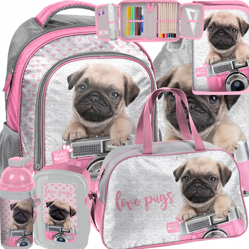 PLECAK SZKOLNY PIES PIESKI Z PIESKIEM MOPS ZESTAW - 7697167191 ...