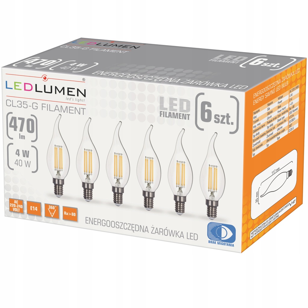 6x Żarówka LED E14 ŚWIECZKA 4W=40W Filament 470lm Ozdobna Brak Migotania - 14463047980 ...