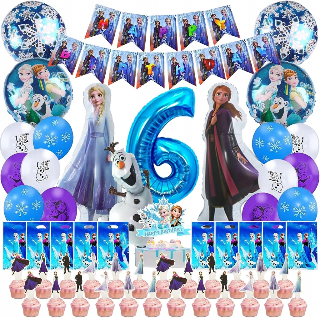 MEGA DEKORACJA URODZINOWA KRAINA LODU ELSA ANNA BANNER TOPPER BALONY 6 ...