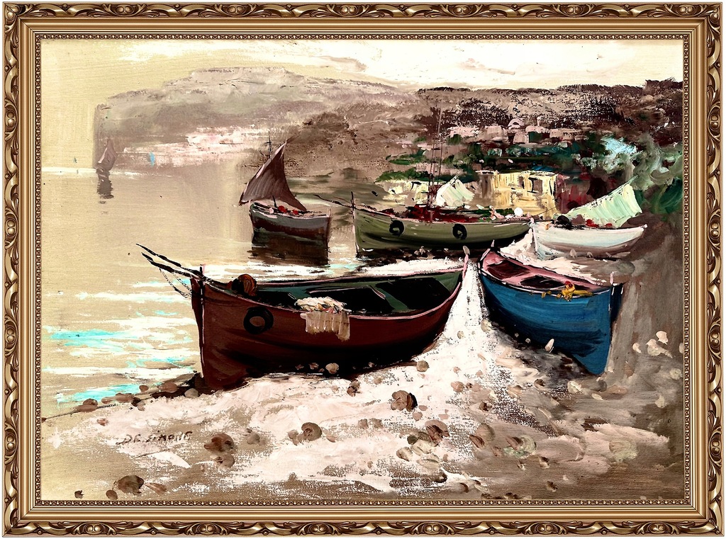 ŁODZIE PRZY BRZEGU MORZA STARY CENNY OBRAZ - 13970637664 - oficjalne archiwum Allegro