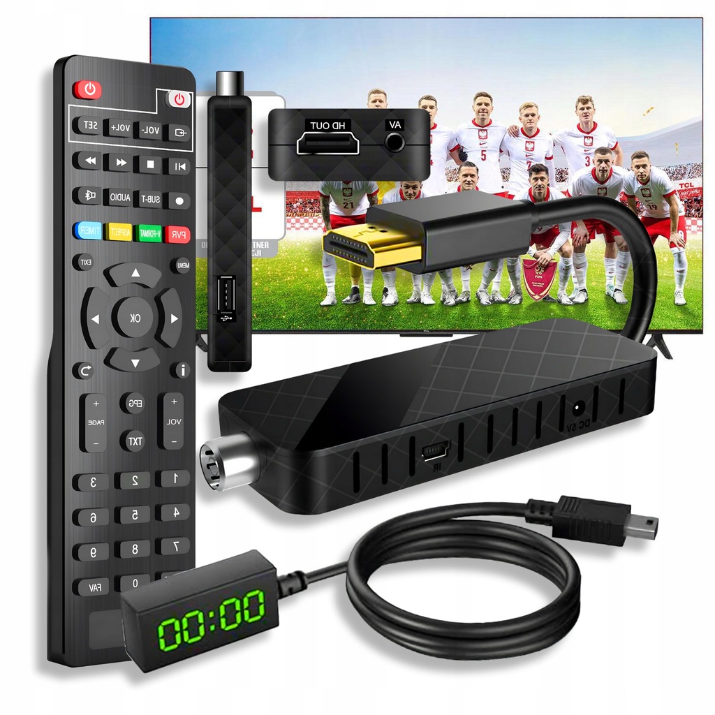 DEKODER TUNER TV DVB-T2 MINI STICK PILOT ZESTAW HDMI USB HEVC H.265 FULL HD - 16309683123 ...