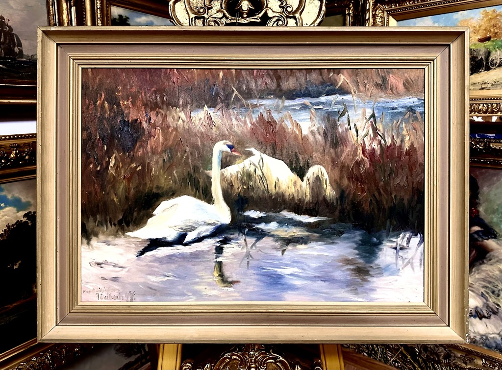 PARA ŁABĘDZI WŚRÓD TRZCIN 1947 STARY CENNY OBRAZ - 14286762971 ...