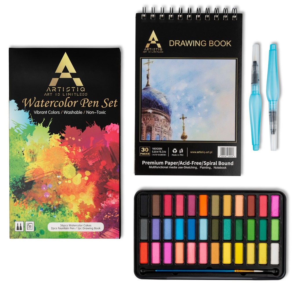 FARBY AKWARELOWE WODNE AKWARELE ZESTAW 40w1 36 KOLORÓW + BLOK A5 ...