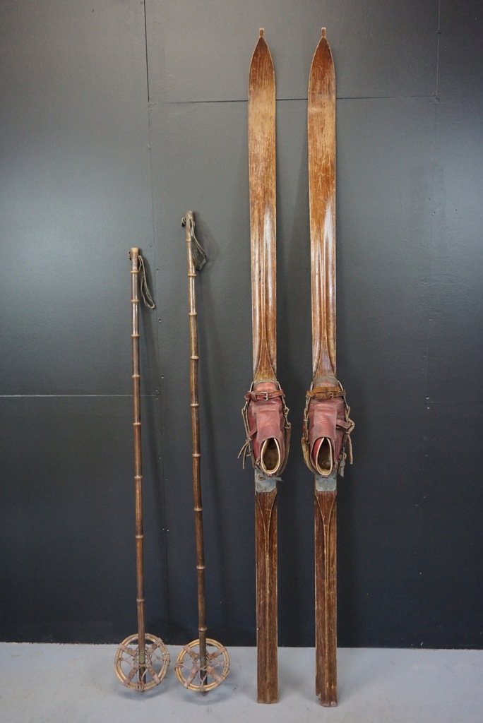 Stare narty drewniane z kijkami bambusowymi zabytkowe Nr1 - 14521204167 ...