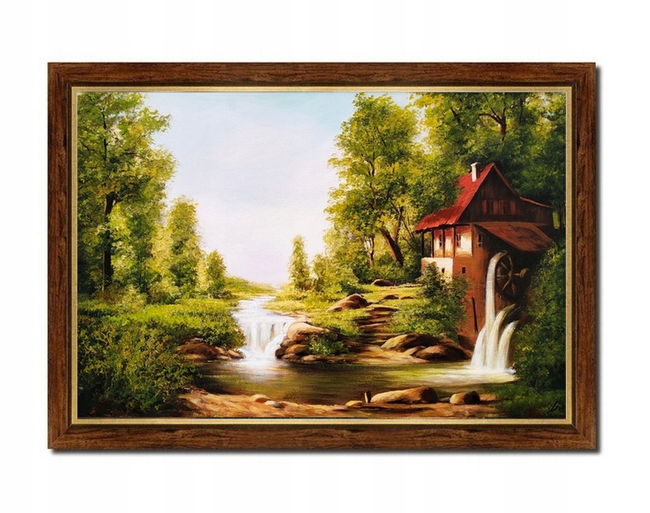 obraz malowany PEJZAŻ STARY MŁYN WODNY KRAJOBRAZ wsi las rzeka na ...