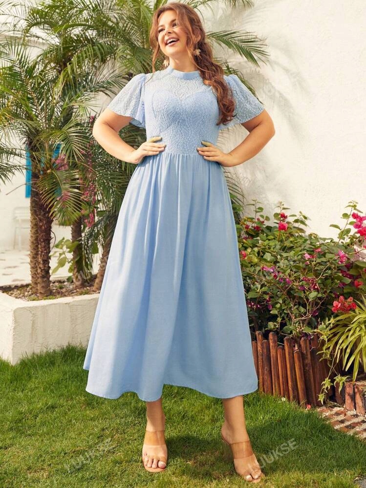 SHEIN NIEBIESKA SUKIENKA MIDI KORONKA (1XL) - 17444041666 - oficjalne archiwum Allegro