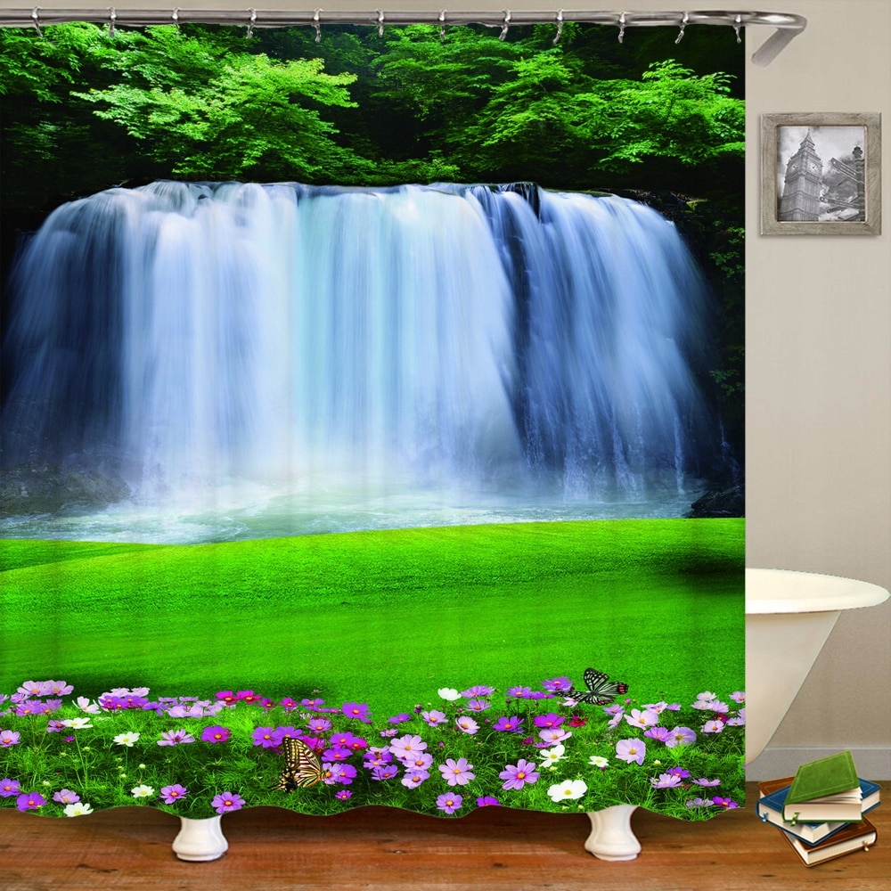 ZASLONA PRYSZNICOWA 3D wodospad las wodoodporna - 12543412909 ...
