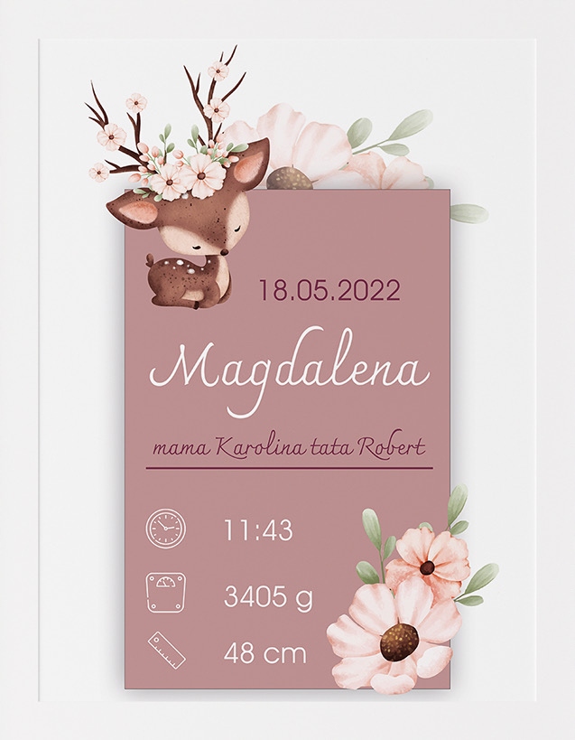 Plakat Metryczka Pamiątka Narodzin dziecka A4 - 13812276084 - oficjalne archiwum Allegro