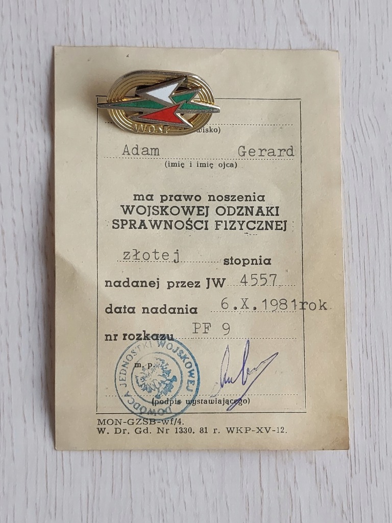 WOSF - WOJSKOWA ODZNAKA SPRAWNOŚCI FIZYCZNEJ - ZŁOTA + LEGITYMACJA ...