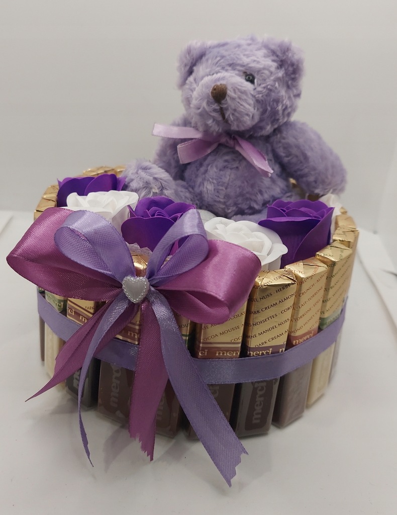 Tort Serce z MERCI prezent urodziny Walentynki róże mydlane kolor wrzos ...