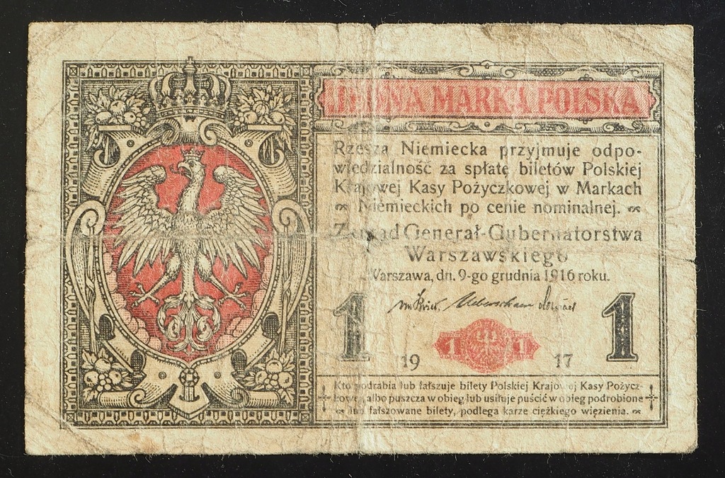 BANKNOT 1 MARKA POLSKA 1916 POLSKA KRAJOWA KASA POŻYCZKOWA ORYGINAŁ ...