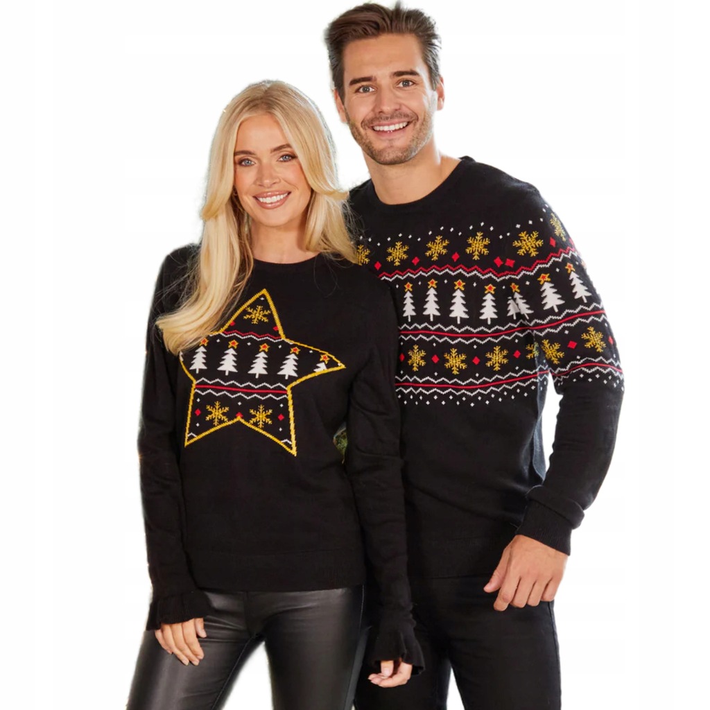 ZESTAW DLA PAR 2 SWETRY ŚWIĄTECZNE CZARNE NA GWIAZDKĘ PREZENT ...