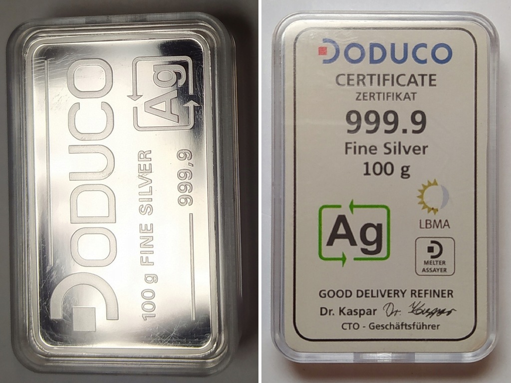 sztabka srebra 100 g DODUCO Ag srebro 999,9 LBMA - 13812192784 - oficjalne archiwum Allegro