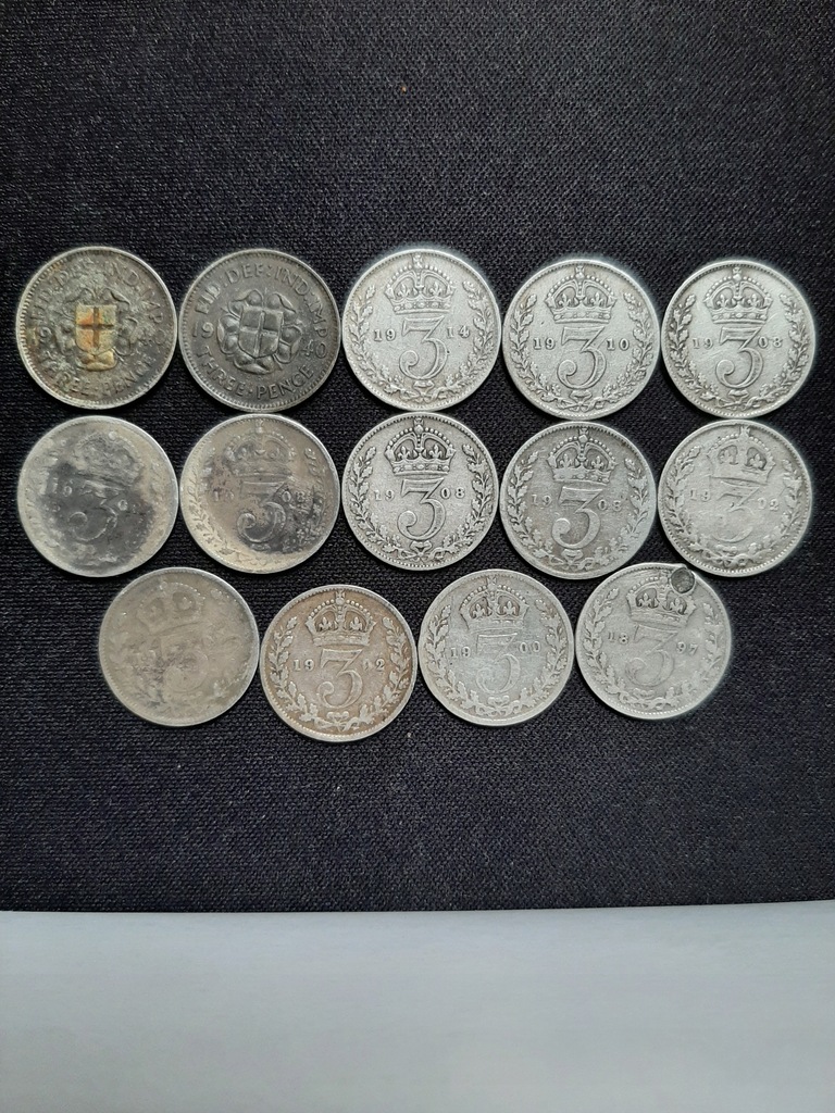 Zestaw 3 ( trzy pensy ) Anglia od 1897 rok 14 szt. srebro - 15048082118 ... Zestaw 3 ( trzy pensy ) Anglia od 1897 rok 14 szt. srebro - 15048082118 ...