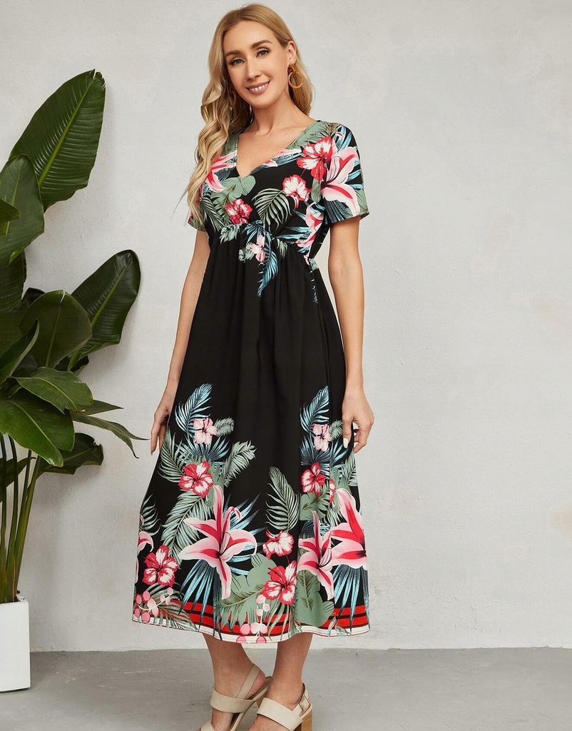 ROZKLOSZOWANA SUKIENKA MIDI CZARNA KOLOROWY WZÓR KRÓTKI RĘKAW EMERY ROSE M - 15760413798 ...