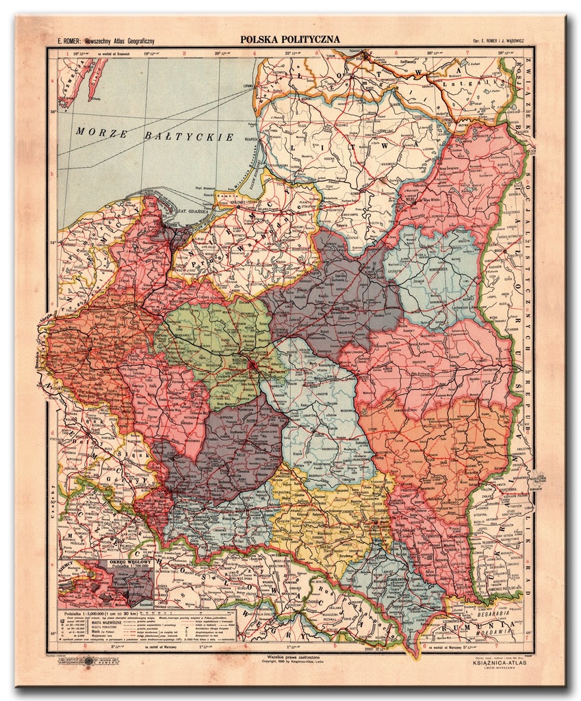 POLSKA II RP EFEKTOWNA MAPA 1936 r. OPRAWA 100x80 - 9364012300 ...