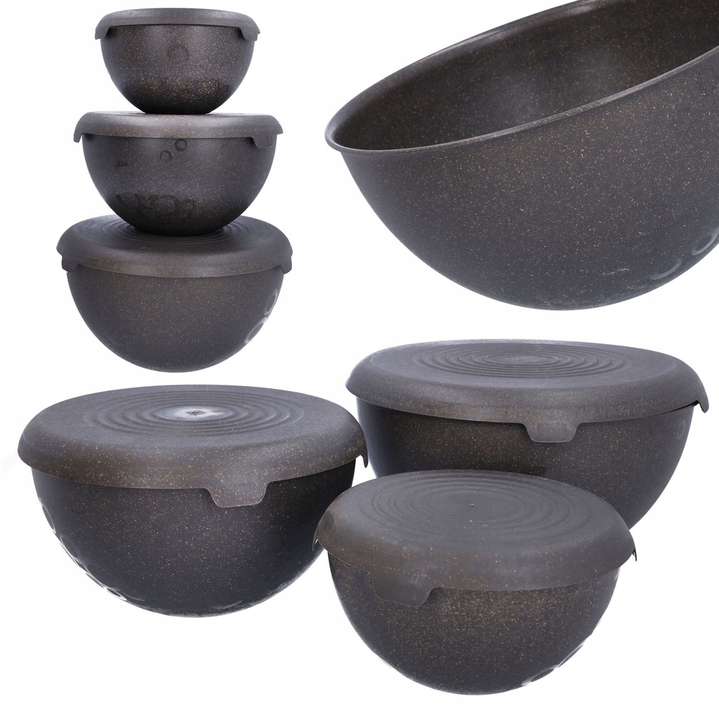 x3 MISKI PLASTIKOWE Z POKRYWKĄ BRĄZ 1,5L 3L 6L KOMPLET MISEK KUCHENNYCH ...