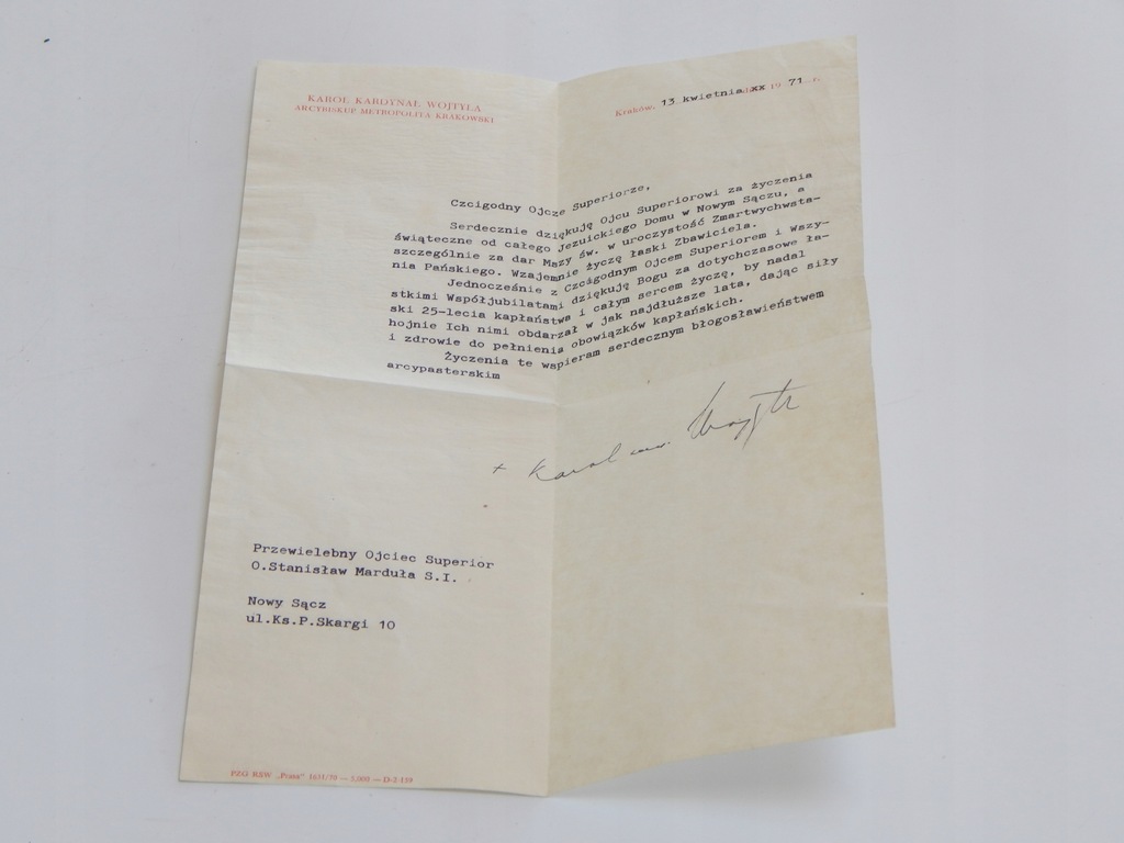 DOKUMENT PODPIS KAROL WOJTYŁA KARDYNAŁ 1971 UNIKAT - 12560580021 ...