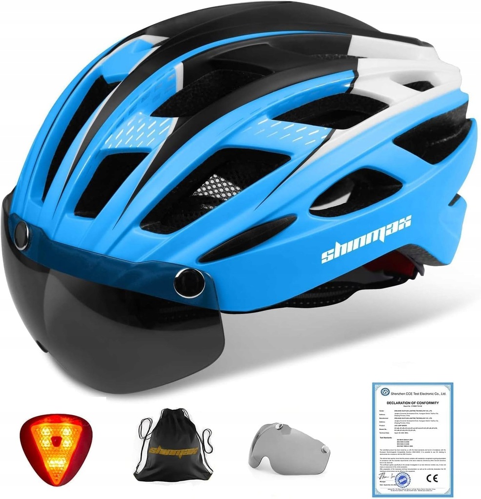 Kask rowerowy Shinmax MTB HT-19 NIEBIESKI M/L Z GOGLAMI OCHRONNYMI OŚW. LED - 15011244078 ...