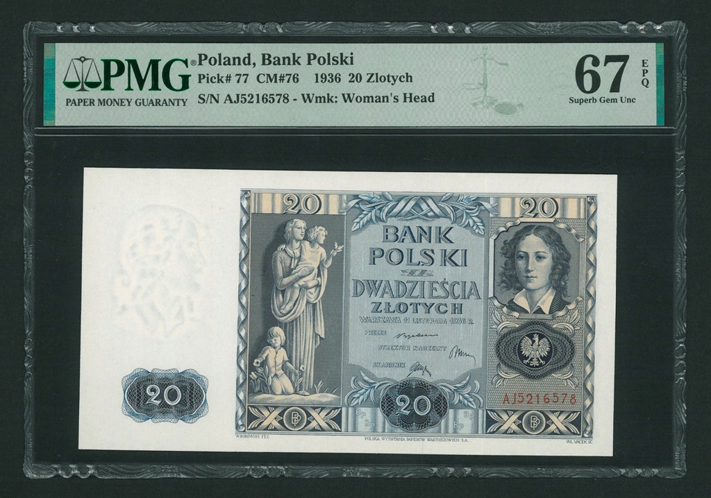 20 zł 1936, seria AJ, PMG 67 EPQ, 2-ga MAX NOTA - 13442866336 - oficjalne archiwum Allegro