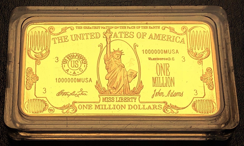 USA ,Sztabka Złota, 1000000 Dolarów ,999/1000 GOLD,pozłacana kopia ...