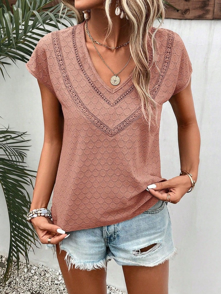 SHEIN BLUZKA KRÓTKI RĘKAW STRUKTURA KORONKA V-NECK I0M NF9__L - 14703535117 - oficjalne archiwum ...