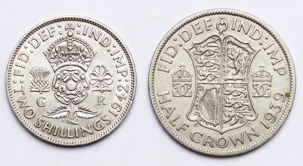 Wielka Brytania 2 szylingi 1942 + 1/2 korony 1939, Jerzy VI, 2 sztuki ...