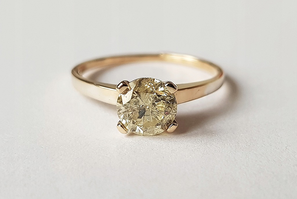 Złoty Pierścionek - Brylant 1.02ct SI1/K Klasyk! Certyfikat ...