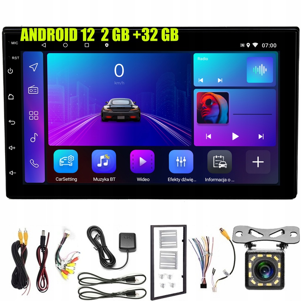 Radio ANDROID 12 2 DIN WiFi GPS samochodowe BLUETOOTH 2GB + 32GB USB ...