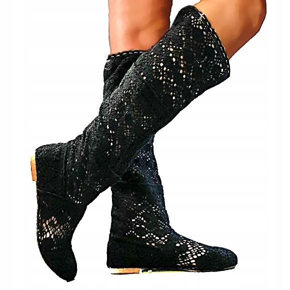 LETNIE KOZAKI AŻUROWE KORONKOWE PŁASKIE CZARNE 36 - 13796192950 ...