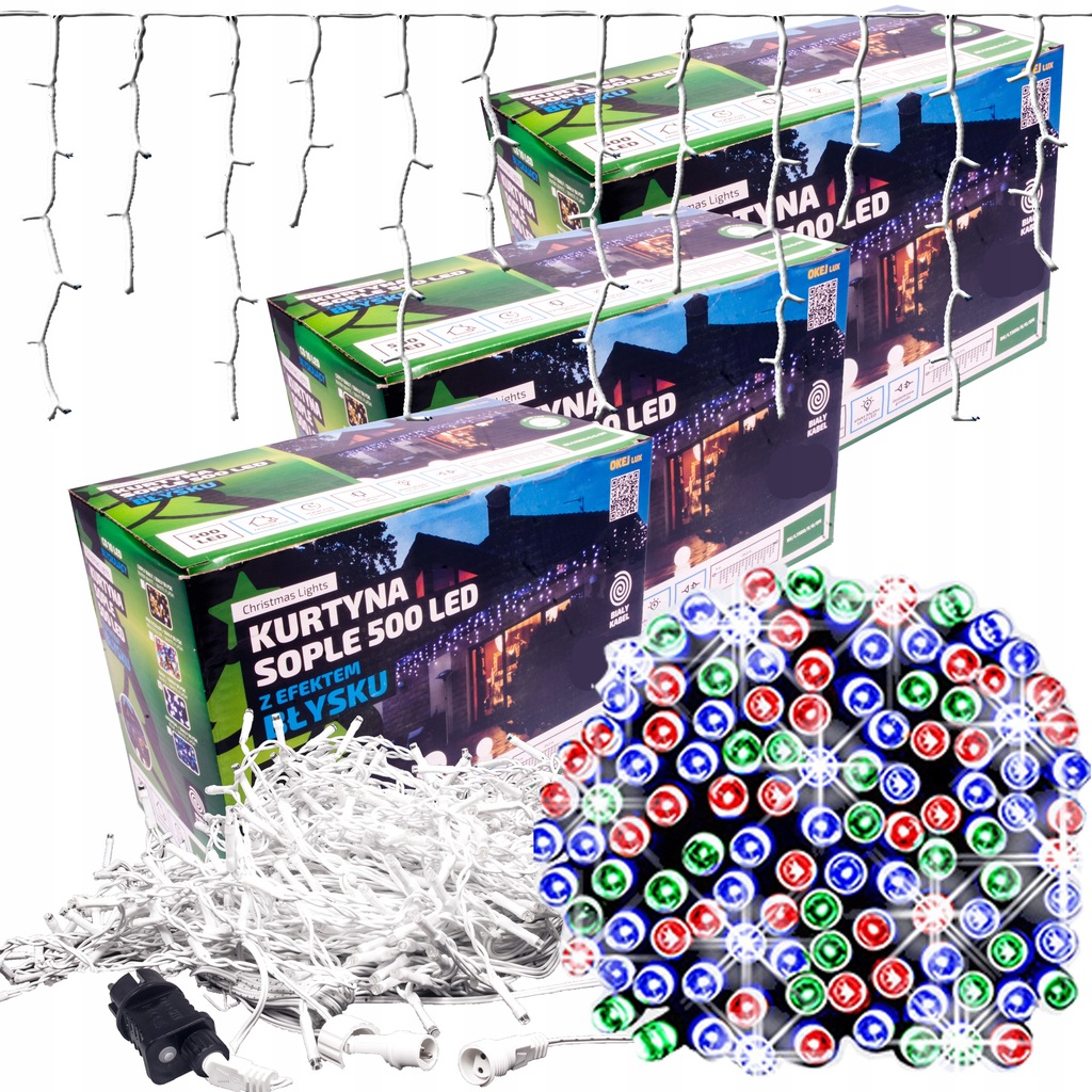 SOPLE ZEWNĘTRZNE 1500 LED KURTYNA ŚWIETLNA 75M BIAŁY KABEL FLASH + TIMER - 12764319945 ...