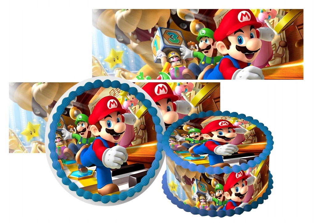 ZESTAW OPŁATEK NA TORT + BOKI + NAPIS SUPER MARIO - 12169211656 ...