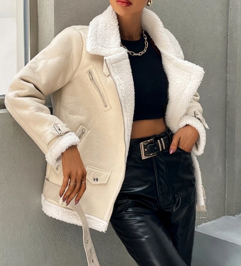 DAMSKA KURTKA ECO SKÓRA BEŻ FUTERKO PILOTKA S - 12705637514 - oficjalne ...