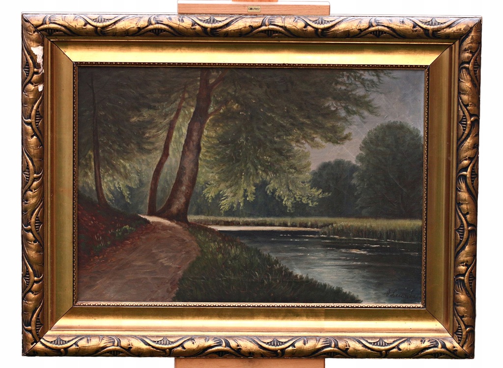 V.LEISNER - PEJZAŻ LEŚNY Z JEZIOREM, STARY OBRAZ - 12913433887 ...